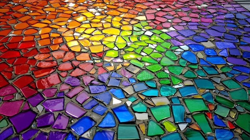 A Vibrant Rainbow Mosaic Floor Featuring an Array of Colorful Glass ...
