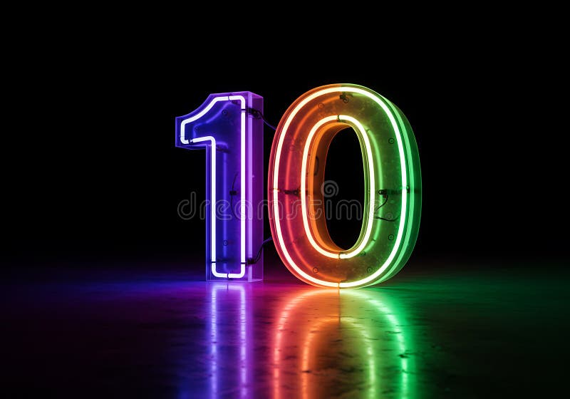 Vibrant Rainbow Neon Number Ten Glowing in Dark Studio Setting ...