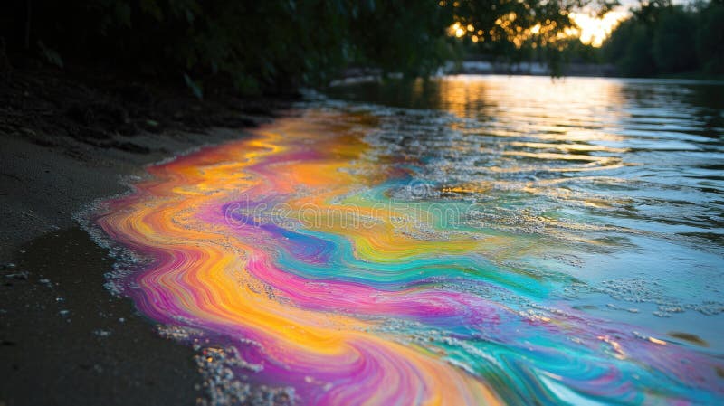 Vibrant Rainbow Oil Slick on Lakeshore at Sunset Stock Photo - Image of ...