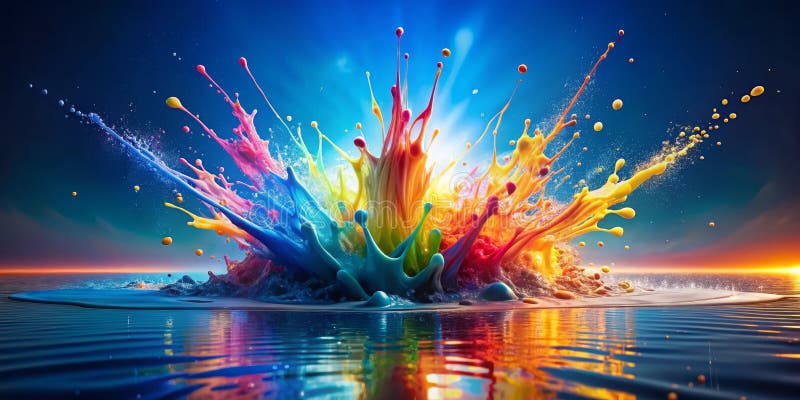 Vibrant Rainbow Paint Explosion Reflecting on Calm Water Surface ...