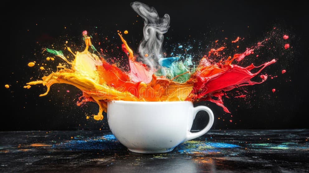 Vibrant Rainbow Paint Splash Exploding from White Cup Stock ...