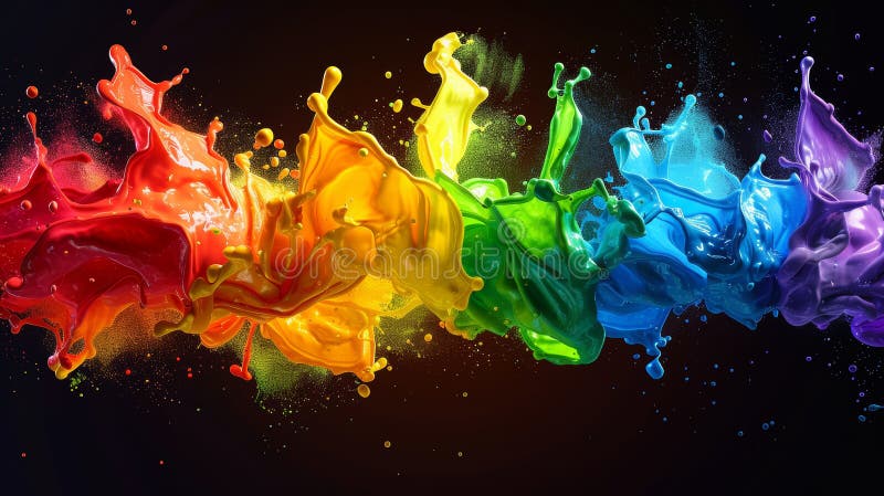 Vibrant Rainbow Paint Splashes Against a Black Background, Creating a ...