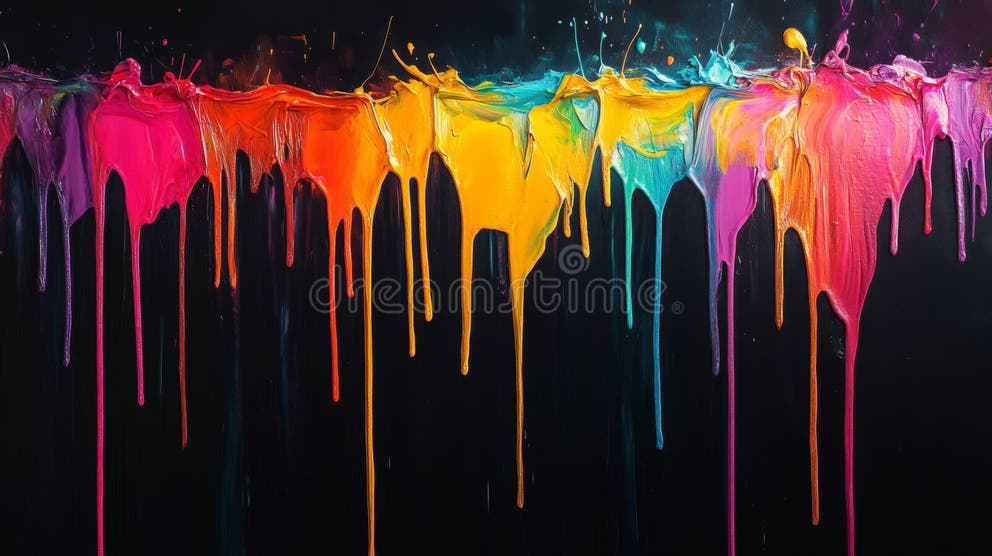 Vibrant Rainbow Paint Splatter Dripping on Black Background Stock ...