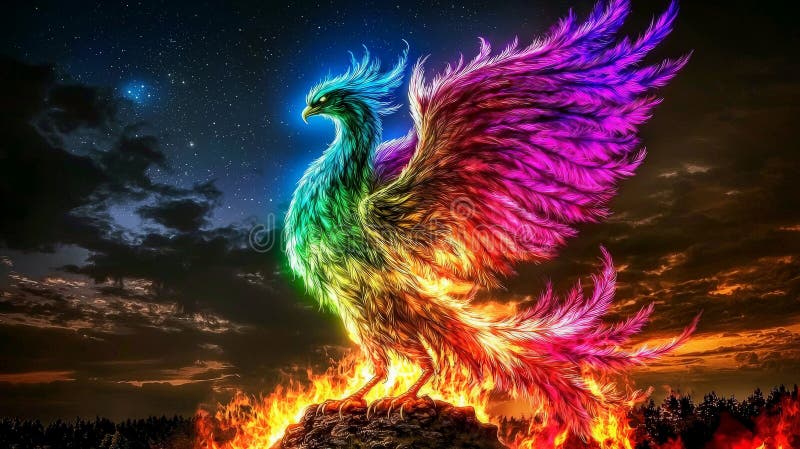 A Vibrant Rainbow Phoenix Rises from Flames Against a Starry Night Sky ...