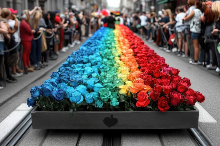 Vibrant Rainbow Roses on Parade Float Surrounded by Crowd Stock Image ...