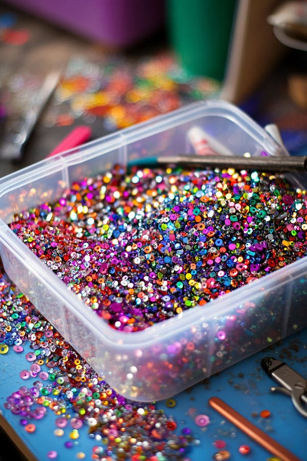 Vibrant Rainbow Sequins in Clear Plastic Box High Quality Image Stock ...