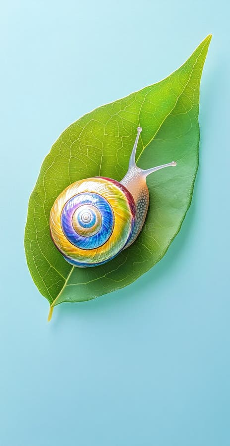 Vibrant Rainbow Snail Shell on Green Leaf with Light Blue Background ...