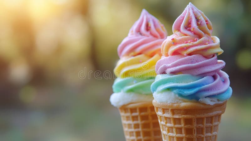 Vibrant Rainbow Soft Serve Ice Cream Cones in Waffle Cones Stock Photo - Image of dessert ...