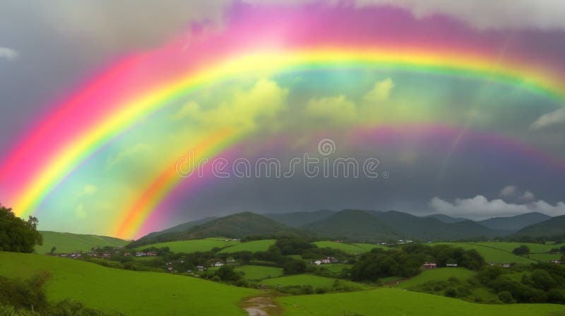 A Vibrant Rainbow Stretching Across the Sky after a Refreshing Village ...