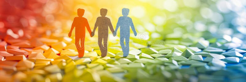 Vibrant Rainbow and Subtle Grey Person Silhouettes Holding Hands in ...