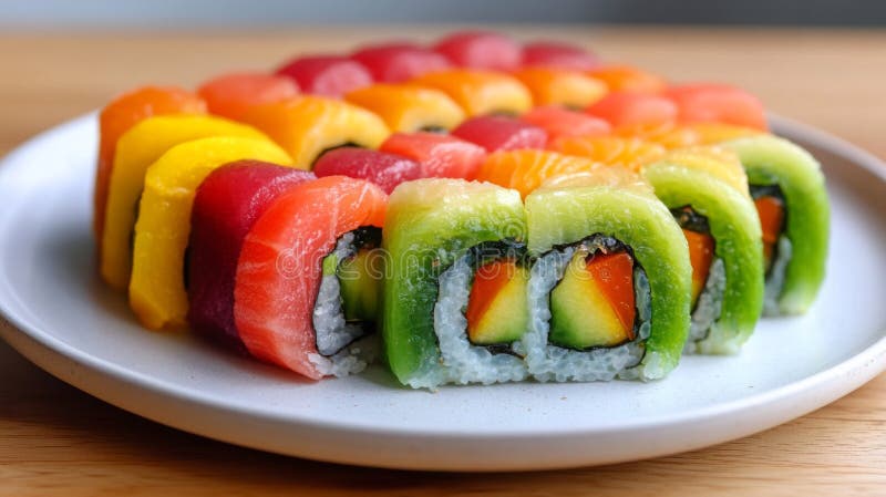 Vibrant Rainbow Sushi Rolls on a Plate Stock Illustration - Illustration of sushi, colorful ...