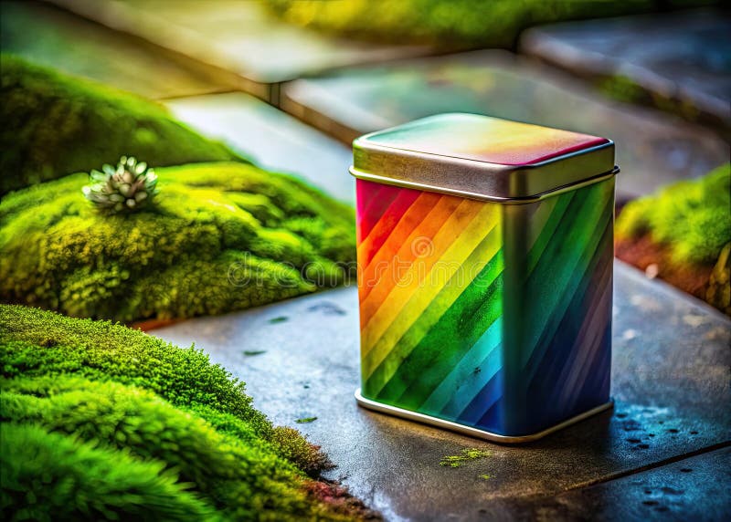 Vibrant Rainbow Tea Tin on a Luxurious Marble Platform Angled ...