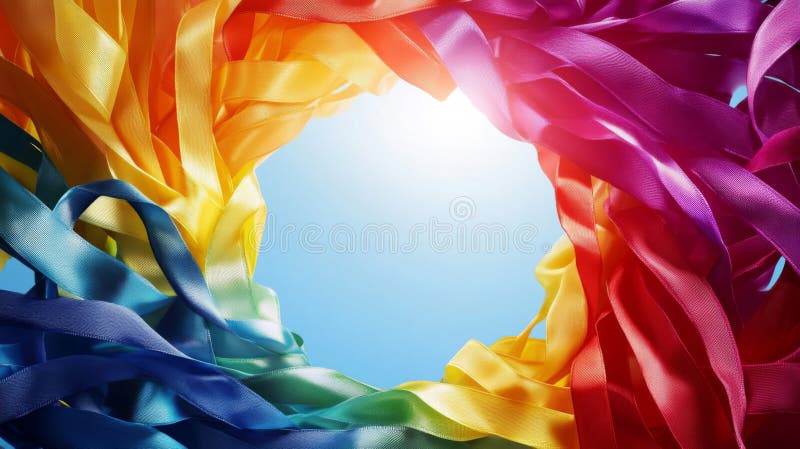 Vibrant Rainbow of Twisted Ribbons Forming a Circle Against a Blue Sky ...