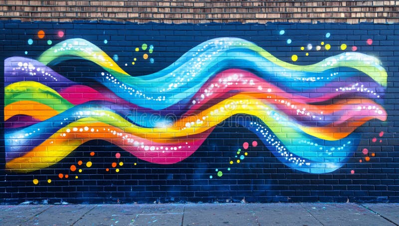 Vibrant Rainbow Wave Graffiti Mural on Brick Wall High Quality Image ...