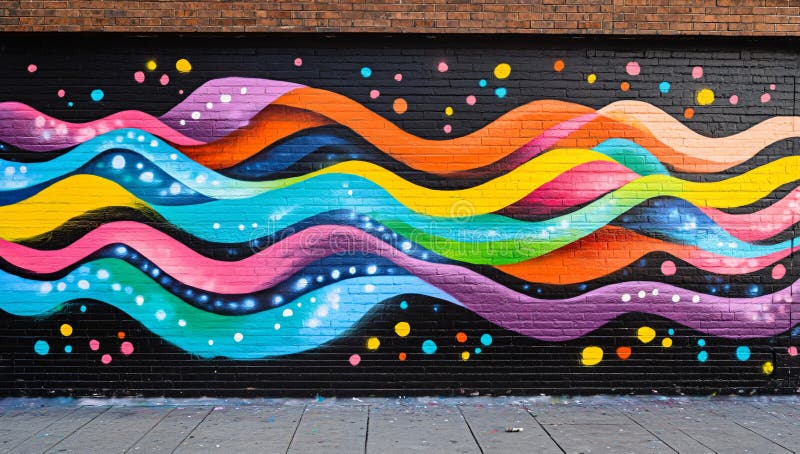 Vibrant Rainbow Wave Mural on Brick Wall High Quality Image Stock ...