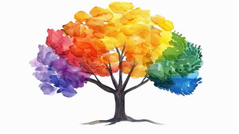Vibrant Rainbowcolored Tree Painted with Watercolor on a Clean White ...