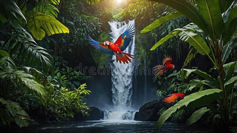 A Vibrant Rainforest Scene Featuring Colorful Parrots and a Majestic ...