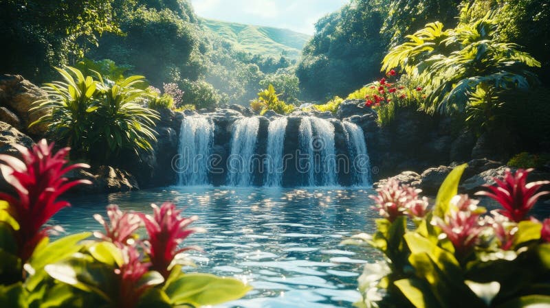A Vibrant Rainforest Waterfall Scene Teeming with Lush Flora Stock ...