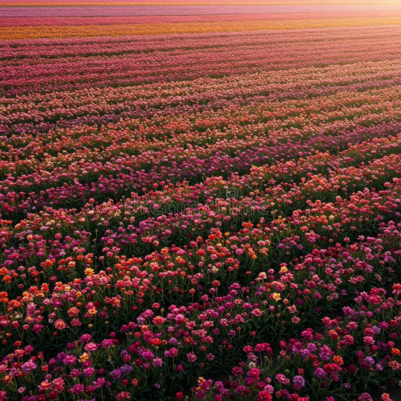 Vibrant Ranunculus Flower Field at Sunset Stock Illustration ...