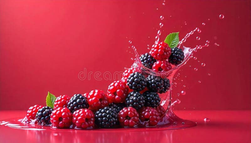 Vibrant Raspberry and Blackberry Splash on Red Reflective Surface Stock ...