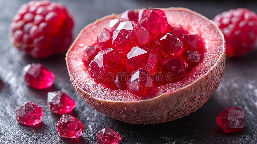 Vibrant Raspberry Cut in Half Reveals a Stunning Interior of Red Garnet ...