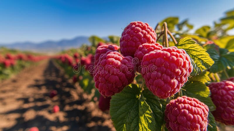Vibrant Raspberry Field Ripe Red Berries Under Clear Blue Sky Stock ...