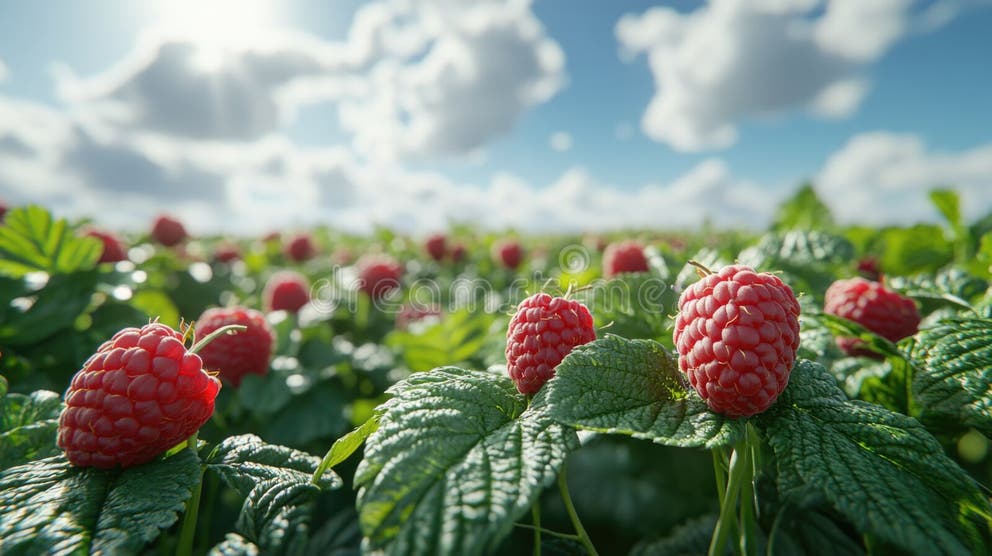 Vibrant Raspberry Field Under Blue Sky with Puffy Clouds Stock Image ...