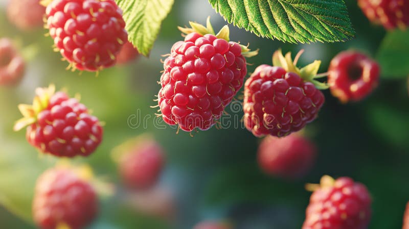 Vibrant Raspberry with Lush Leaves in Flight Stock Illustration ...