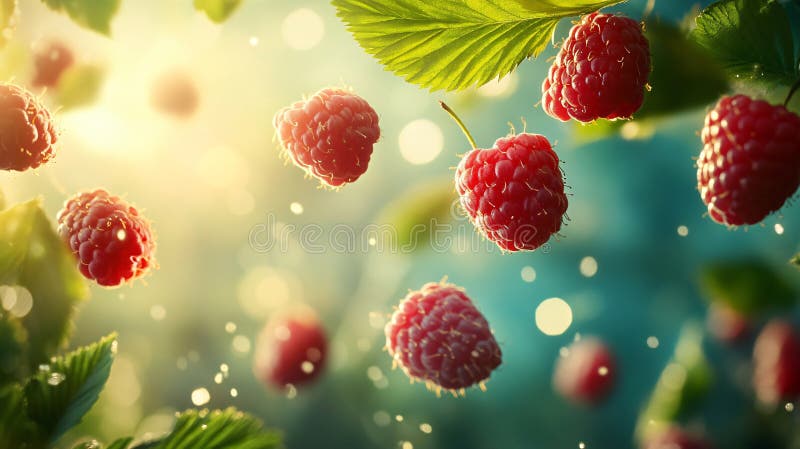 Vibrant Raspberry with Lush Leaves in Flight Stock Illustration ...