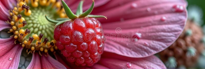 Vibrant Raspberry on Pink Flower with Dew Drops and Green Center Stock ...