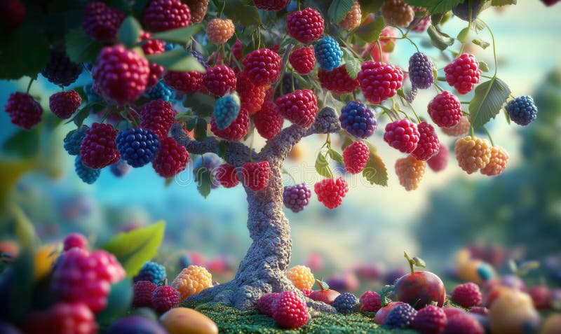 Vibrant Raspberry Tree with Colorful Fruits in a Lush Landscape Stock ...