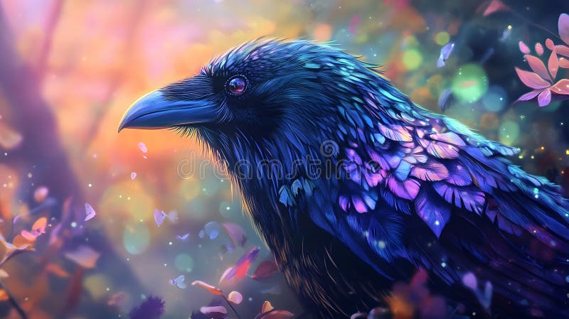 Vibrant Raven with Iridescent Plumage in Enchanted Forest Setting Stock ...