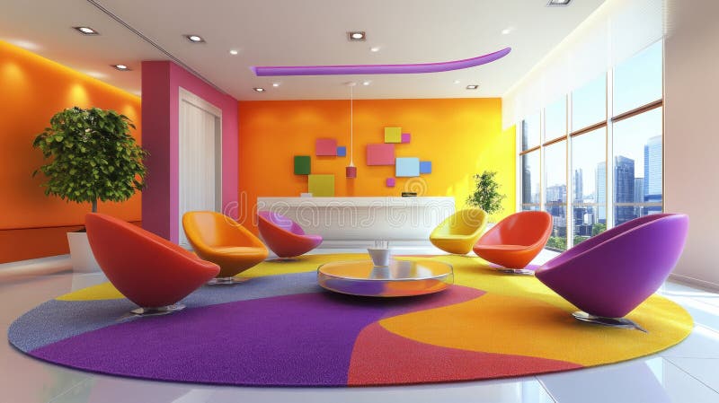 Vibrant Reception Area Featuring Colorful Seating and Modern Decor ...