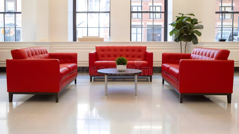 Vibrant Reception Area, Three Red Leather Sofas Arranged for Inviting ...