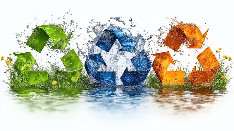 Vibrant Recycling Symbols in Nature with Water Splash Effects Stock ...