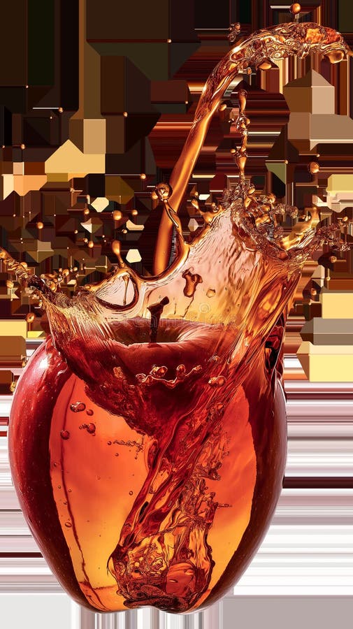 A Vibrant Red Apple is Dropping into a Clear Pool of Amber Liquid ...