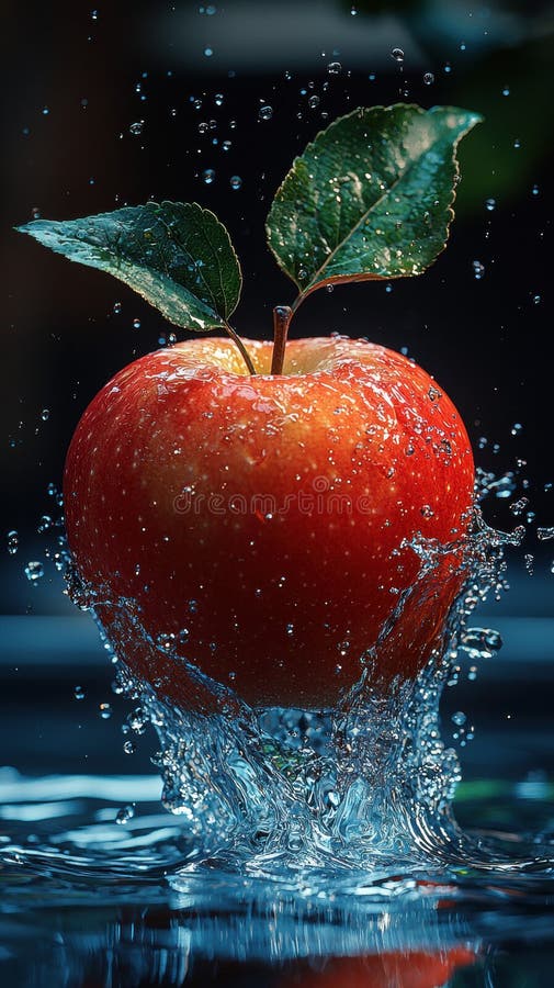 Vibrant Red Apple with Green Leaves Splashes into Clear Water, Creating ...