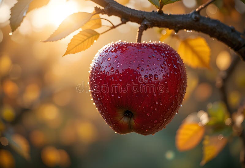 A Vibrant Red Apple Hangs from a Tree Branch, Covered in Dewdrops that ...