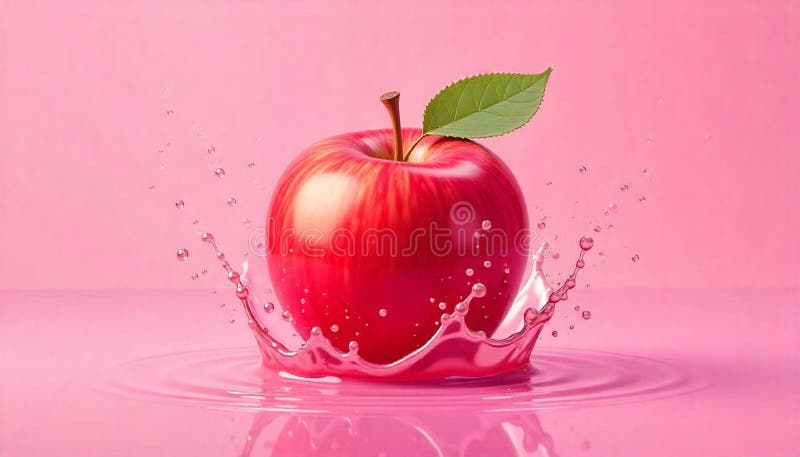 Vibrant Red Apple Splashing in Pink Liquid Against Background Stock ...