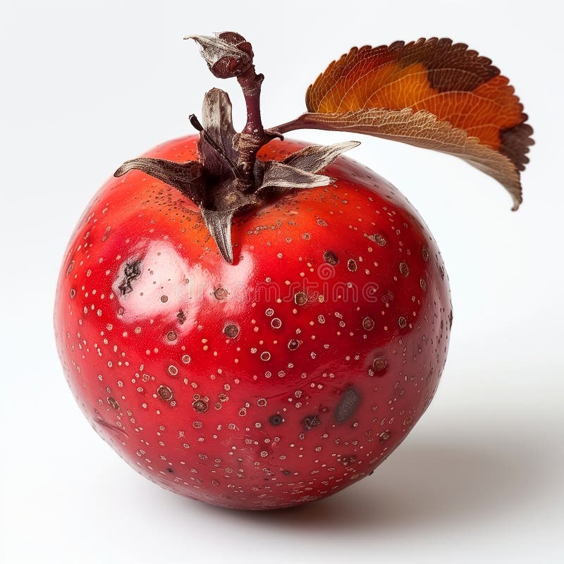 Vibrant Red Apple with Unique Spots and Leaf Against a Clean Background ...