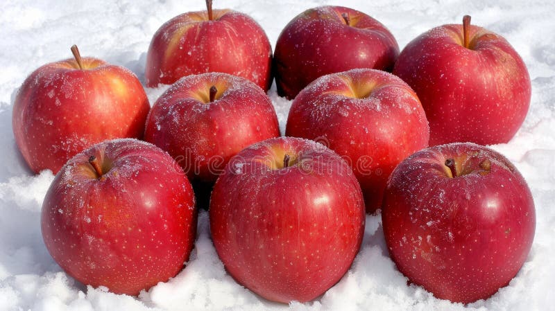 Vibrant Red Apples Nestled on Snow, Captured from a Low Angle in a ...