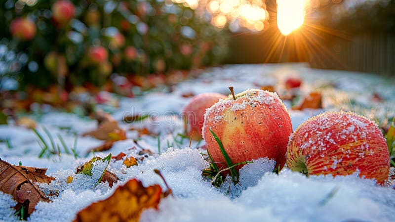 Vibrant Red Apples Resting on Snowy Ground Captured from a Low Angle ...