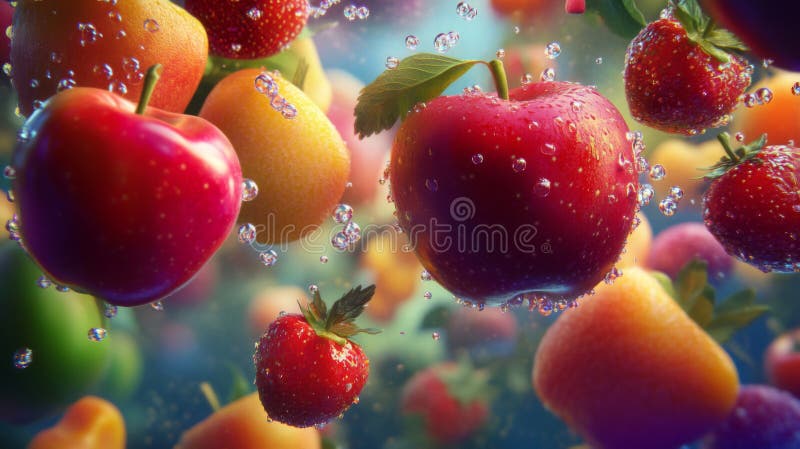 Vibrant Red Apples and Strawberries Floating in Water Stock ...