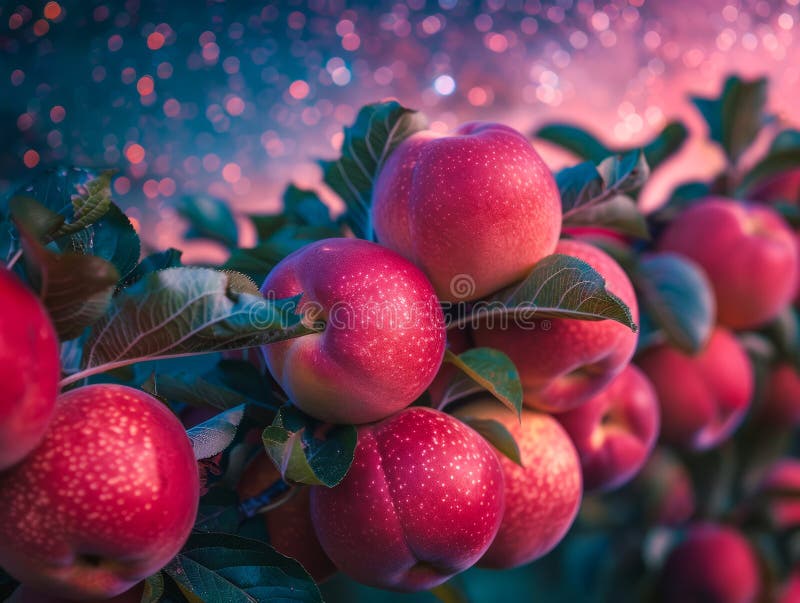 Vibrant Red Apples on Tree Branches with Magical Sparkling Bokeh ...
