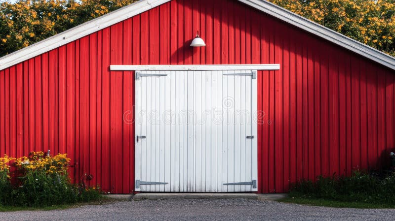 Vibrant Red Barn with a Large White Double Door Entrance Stock ...