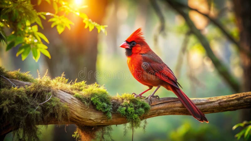 Vibrant Red Bird Perched on Mossy Branch at Sunrise. Generative AI ...