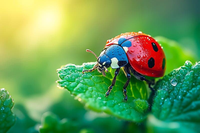 A Red and Black Ladybug Sitting on a Green Leaf with Water Droplets ...