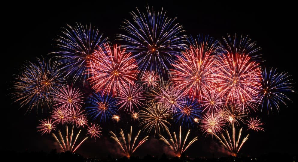 Vibrant Red and Blue Fireworks Display at Night Stock Illustration ...