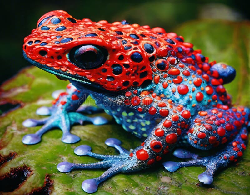 Vibrant Red and Blue Frog on a Leaf Stock Illustration - Illustration ...