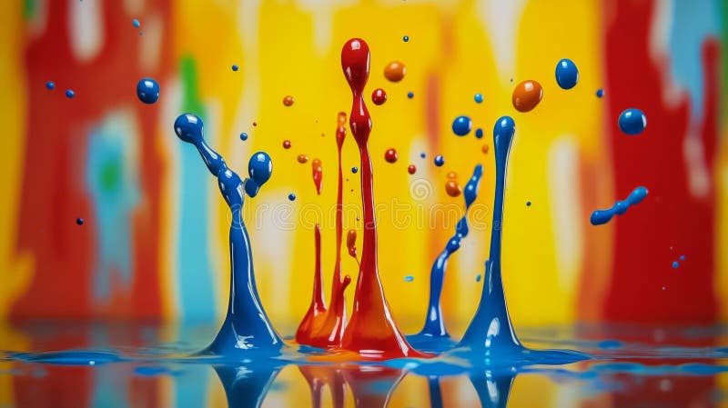 Vibrant Red Blue Orange Paint Splashes on Yellow Background Stock ...